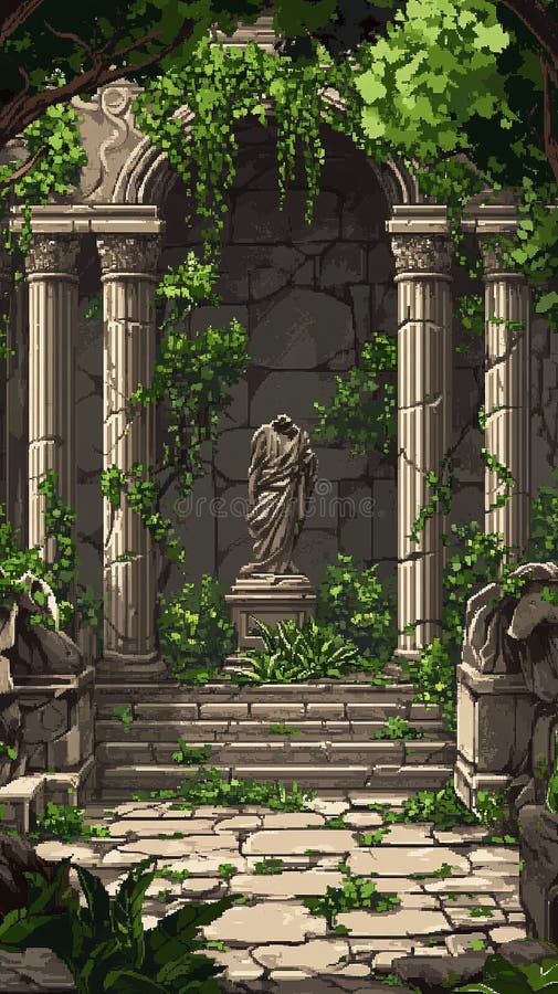 Pixel Art Ancient Ruins Set with Pillars Statues and Overgrown Plants ...
