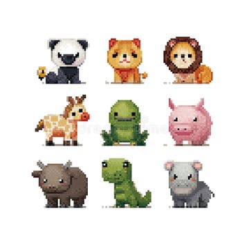 Adorable Pixel Art Animals: Nine Cute Cartoon Creatures Stock ...