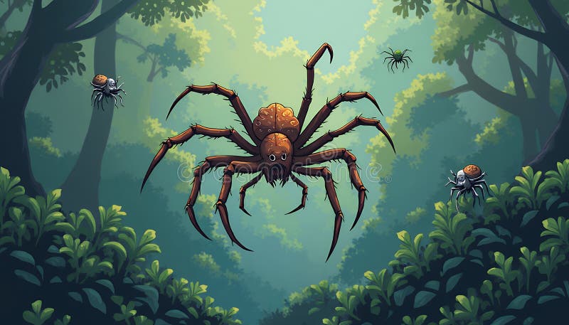 Pixel Art of a Large Brown Spider among Smaller Spiders in a Green ...