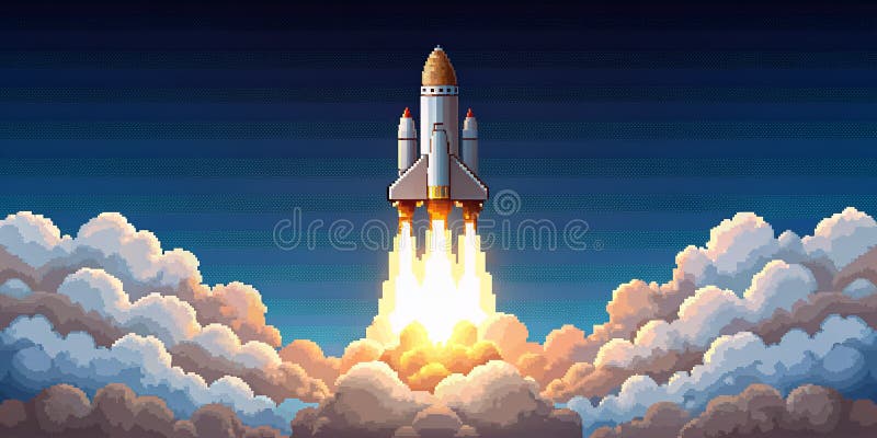 A Pixel Art Animation of a Rocket Launching into Space the Rocket is ...