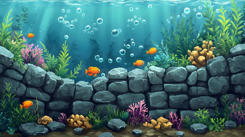 Pixel Art Aquarium Scene Featuring Orange Fish and Stone Wall with ...