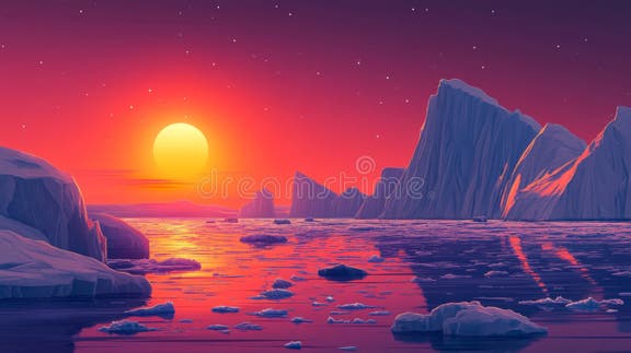 Pixel Art Arctic Sunset Landscape with Icebergs Stock Illustration ...