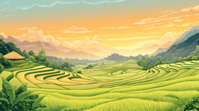 Pixel Art Asian Rice Terraces Sunset View Stock Illustration ...