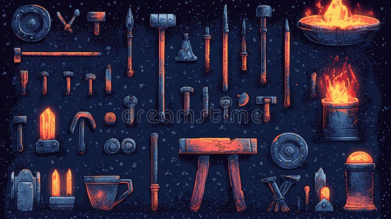 Pixel Art Assortment of Blacksmith Tools Forge with Fiery Embers on ...