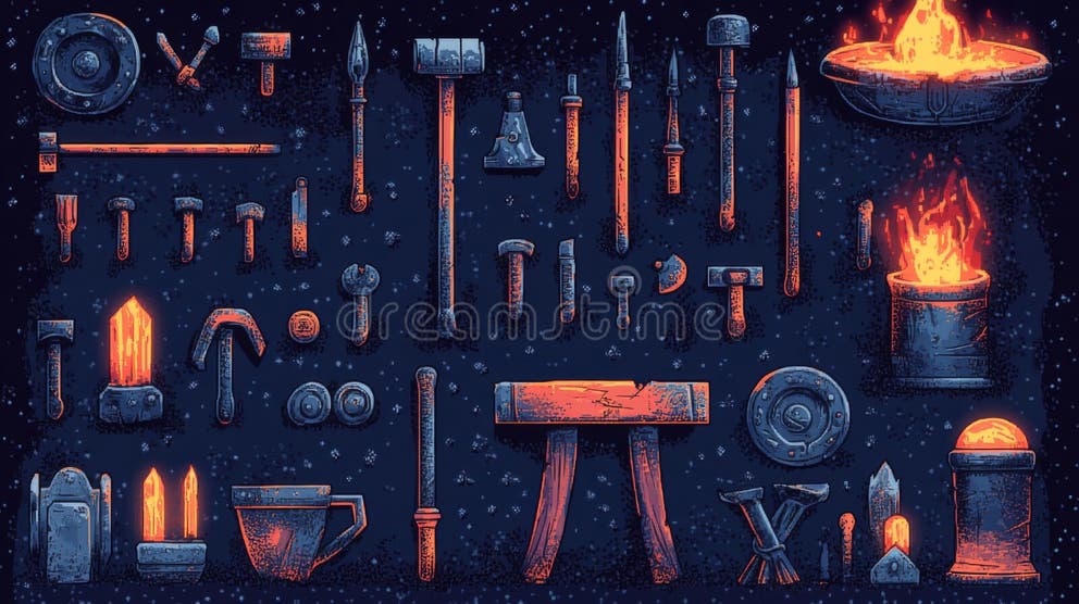 Pixel Art Assortment of Blacksmith Tools Forge with Fiery Embers on ...