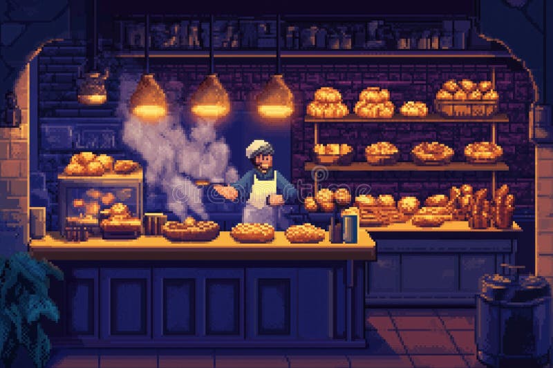 Pixel Art Bakery Scene Shows Friendly Baker Preparing Pastries ...