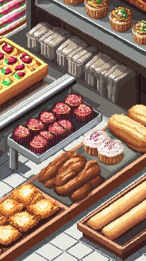 Pixel Art Bakery Set with Cupcakes Bread Loaves and Pastries. Stock ...