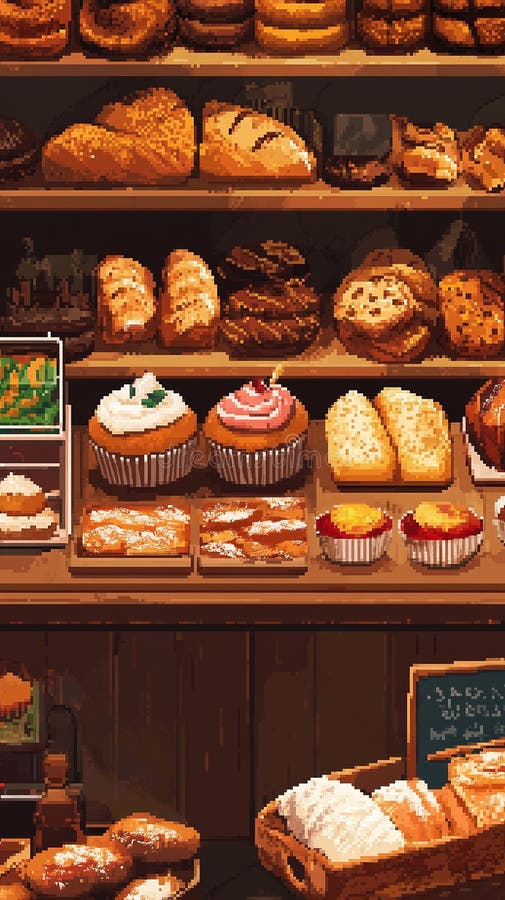 Pixel Art Bakery Set with Cupcakes Bread Loaves and Pastries. Stock ...