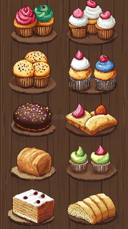 Pixel Art Bakery Set with Cupcakes Bread Loaves and Pastries. Stock ...