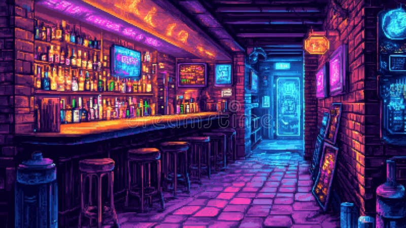 Pixel Art Bar Interior with Neon Lights and Brick Walls in Retro Style ...