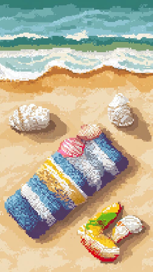 Pixel Art Beach Set with Seashells Towels and Flip-flops. Stock ...