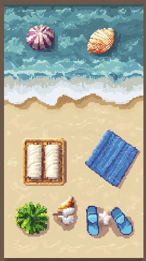 Pixel Art Beach Set with Seashells Towels and Flip-flops. Stock ...