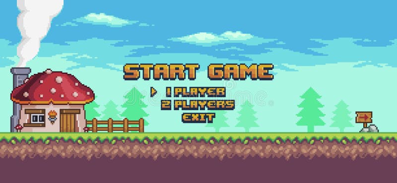 Pixel Art 8bit Game Home Screen. Landscape Start Game Background Stock ...