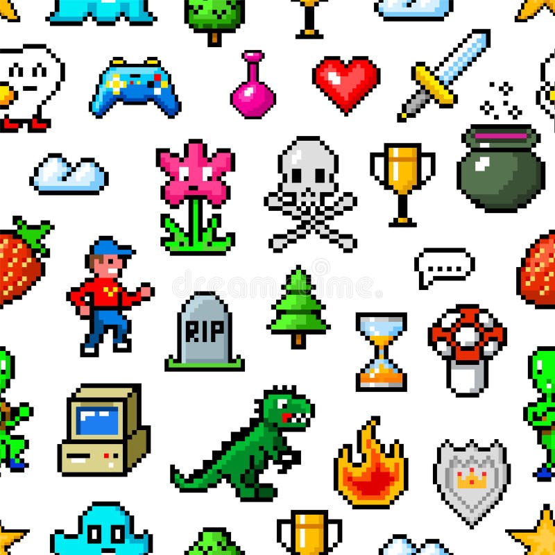 Pixel Art 8 Bit Objects. Retro Game Assets. Set of Icons. Vintage ...