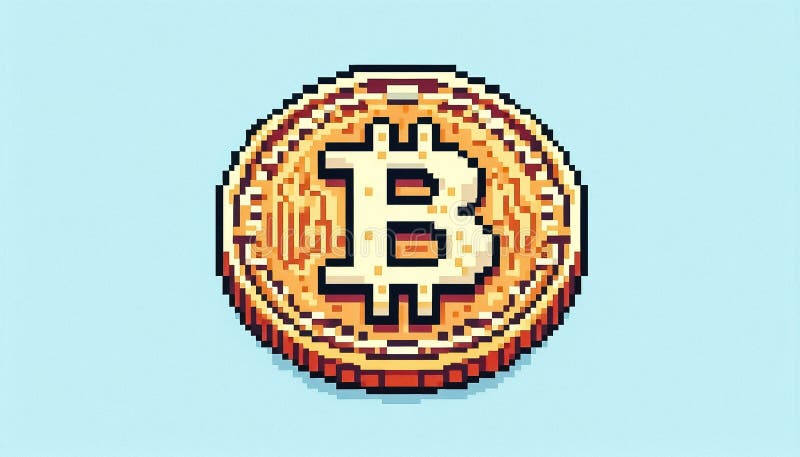 Pixel Art Bitcoin Coin on Light Blue Background. Stock Illustration ...