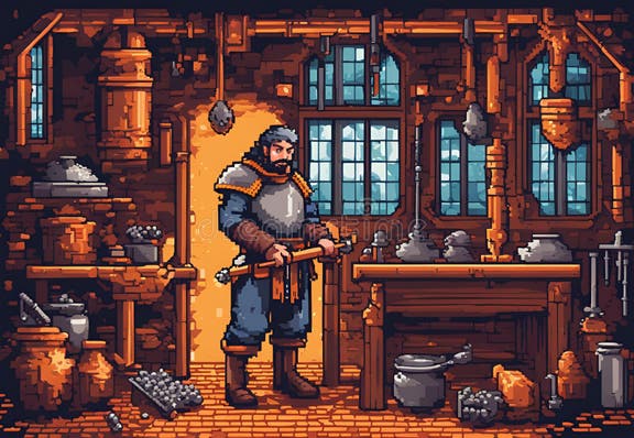 Pixel art blacksmith 8 bit stock illustration. Illustration of stove - 345248539