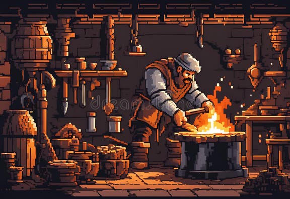 Pixel art blacksmith 8 bit stock illustration. Illustration of burning - 345248543
