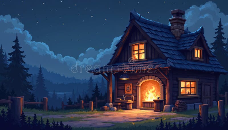 Pixel Art Blacksmith Shop at Night with Glowing Forge. 8-bit Video Game Assets. Building, Forge ...