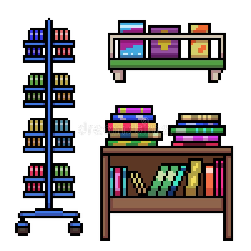 Pixel art book shelf desk stock vector. Illustration of library - 300213716