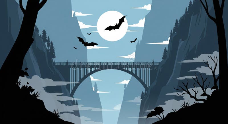 Pixel Art Bridge Under Full Moon with Bats in Eerie Blue Landscape ...