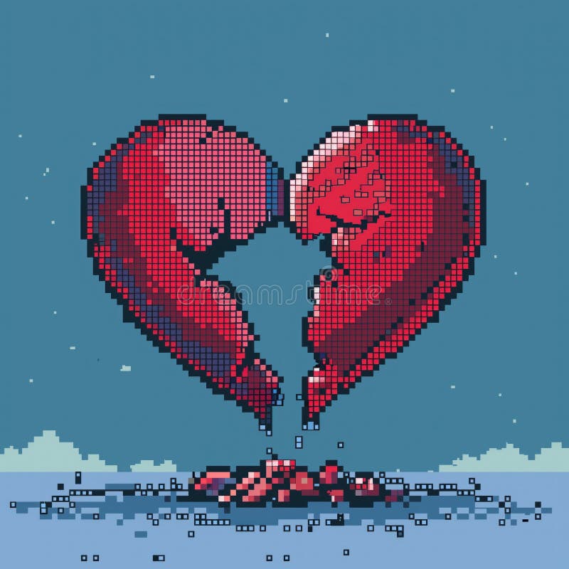 Pixel Art Broken Heart Falling Apart on Blue Sky Background Stock ...