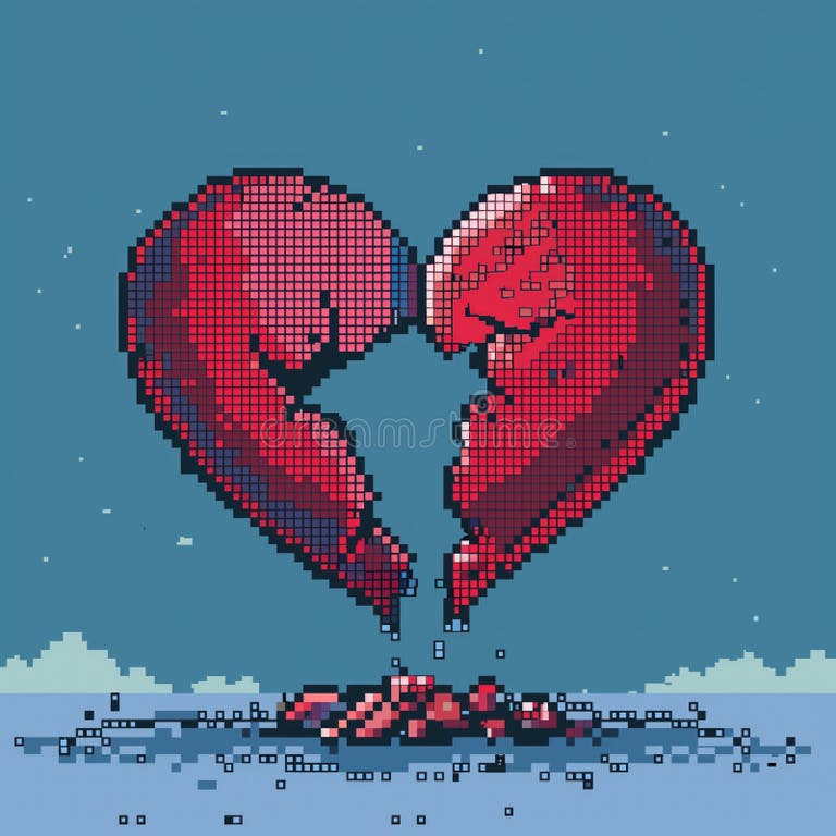 Pixel Art Broken Heart Falling Apart on Blue Sky Background Stock ...