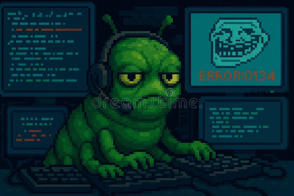 Pixel Art Bug Debugging at a Computer Stock Illustration - Illustration ...