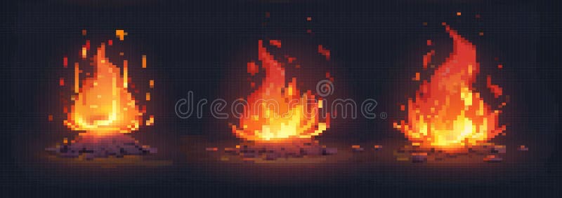 Pixel Art Fire. Red Explosion and Bonfire, Burning Campfire with Flame ...