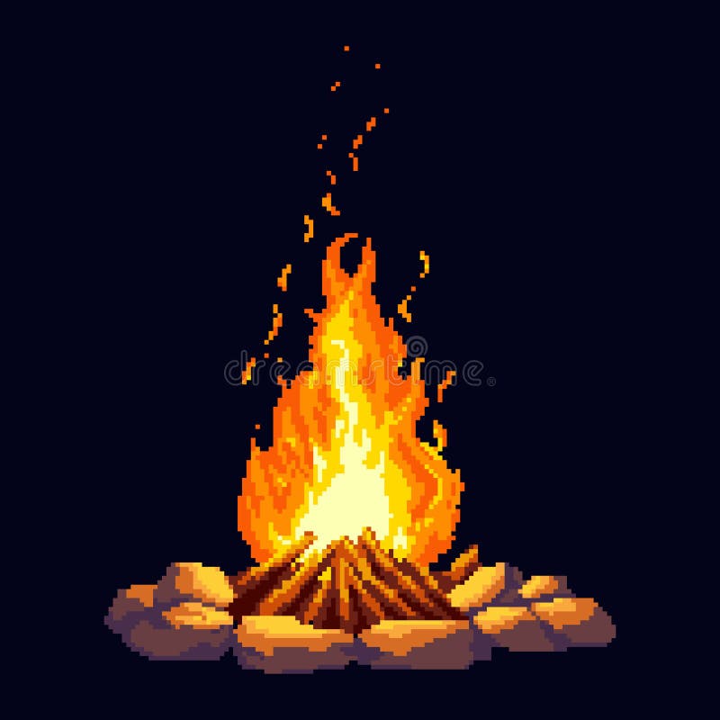 Pixel Art of a Campfire with Bright Flame and Firewood Surrounded by ...