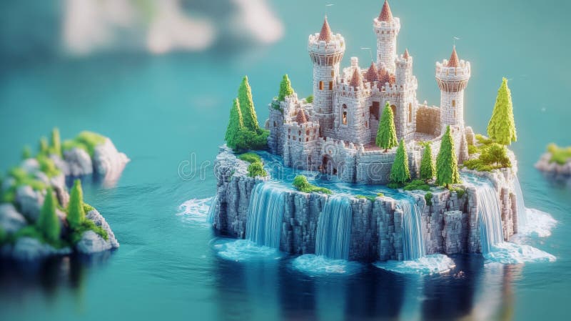 Pixel Art Castle on a Floating Island with Cloudy Sky and Green Trees ...