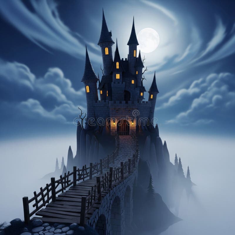 Pixel Art Castle on Misty Hill with Stone Bridge in Moonlight Stock ...