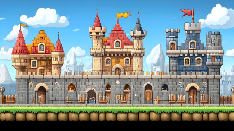 Pixel Art Castle with Multiple Towers Flags Stone Wall and Blue Sky ...