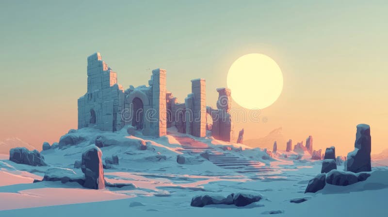 Pixel Art Castle Ruins in Snowy Landscape at Sunset Stock Illustration ...