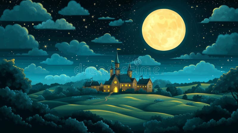 Pixel Art Castle Under a Full Moon at Night Stock Illustration ...