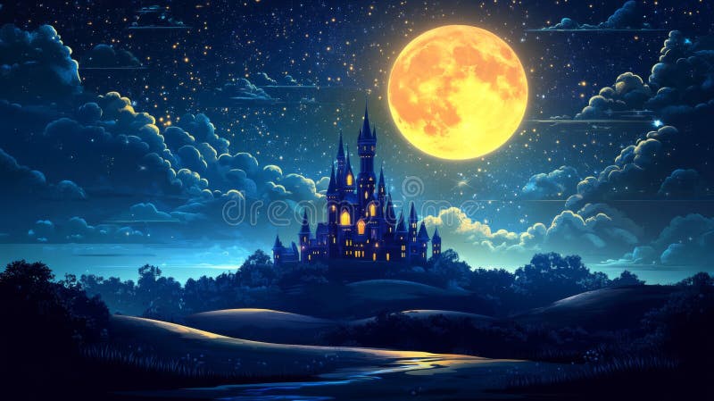Pixel Art Castle Under a Yellow Full Moon at Night Stock Illustration ...
