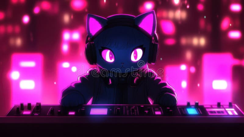 Pixel Art Cat DJ in Neon City at Night Stock Photo - Image of abstract ...
