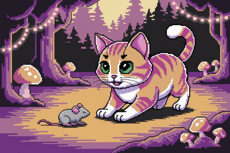 Pixel Art Cat and Mouse Adventure in Enchanted Forest with Glowing ...
