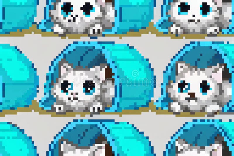 Pixel Art Cats in Blue Tunnels with Wide Eyes Stock Illustration ...