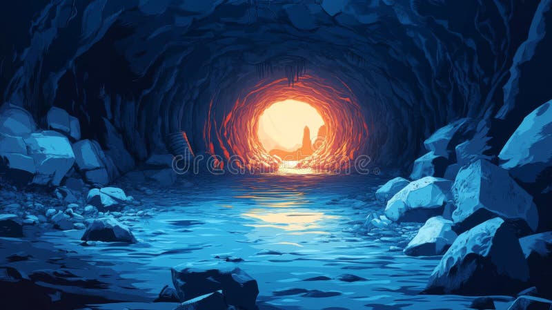 Pixel Art Cave Entrance with Sunset and Blue Water Stock Illustration ...