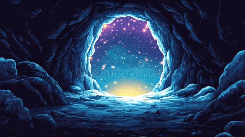 Pixel Art Cave Entrance To a Starry Night Sky Stock Illustration ...