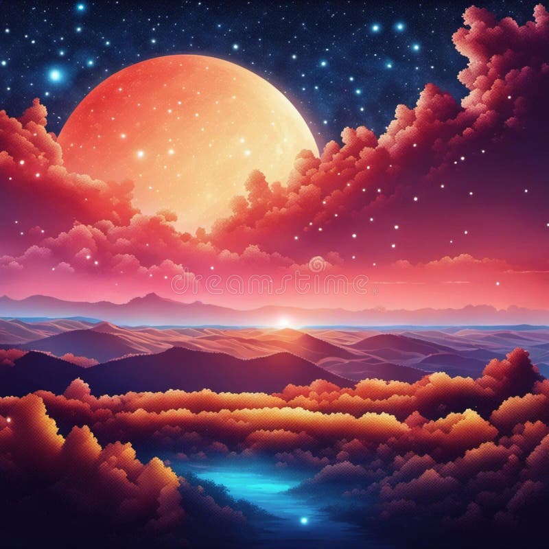 Pixel Art of a Celestial Landscape, AI-generated. Stock Illustration ...