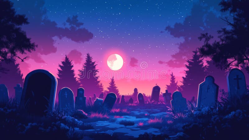 Pixel Art Cemetery Night Scene with Pink and Purple Sky Stock ...