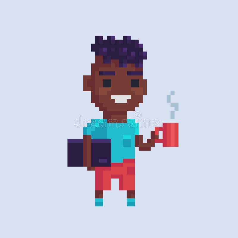 Pixel Art Character. a Black Man with Laptop and Cup of Coffee Stock ...
