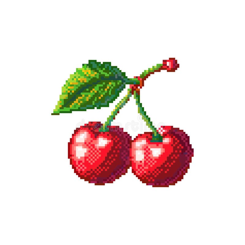 Pixel Art Cherries with Leaf Illustration. Vector Icon Design Stock ...