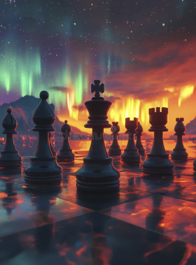 Pixel Art Chessboard Under Aurora Borealis and Sunset Stock ...