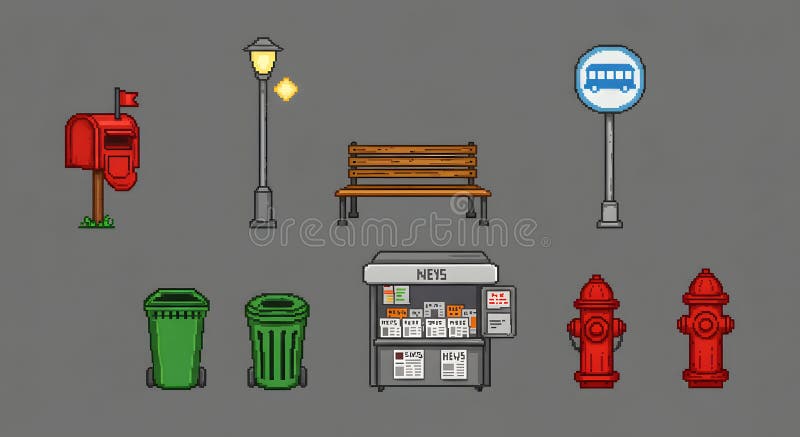 Pixel Art City Elements stock illustration. Illustration of graphic ...