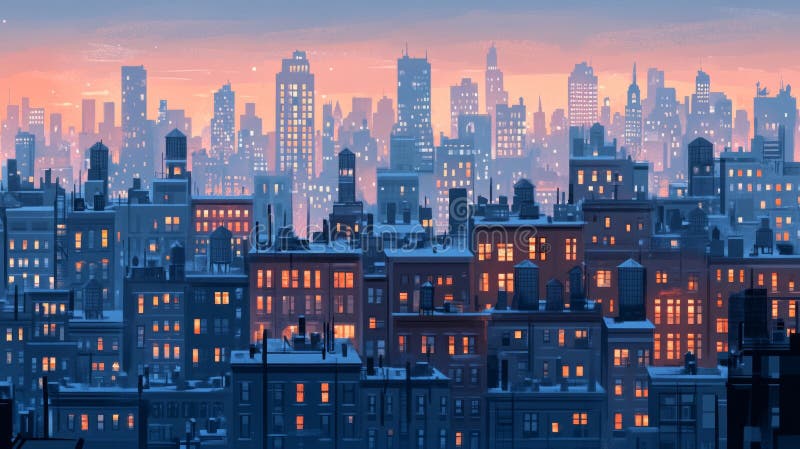 Pixel Art City Skyline at Sunset with Snow Stock Illustration ...