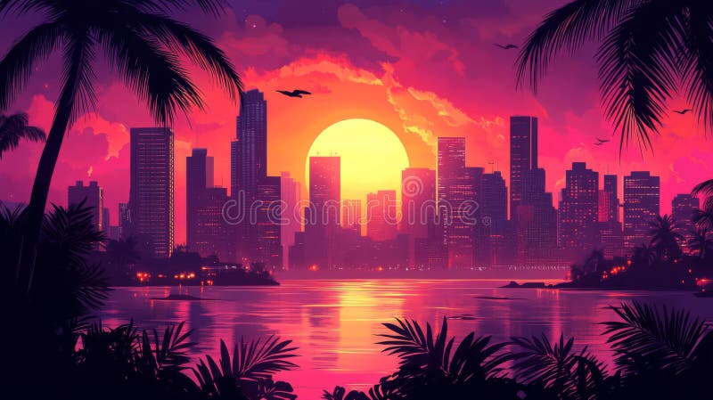 Pixel Art City Sunset: Pink and Purple Skyline Stock Illustration ...