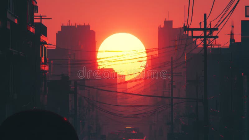 Pixel Art City Sunset: Red and Orange Hues Stock Illustration ...