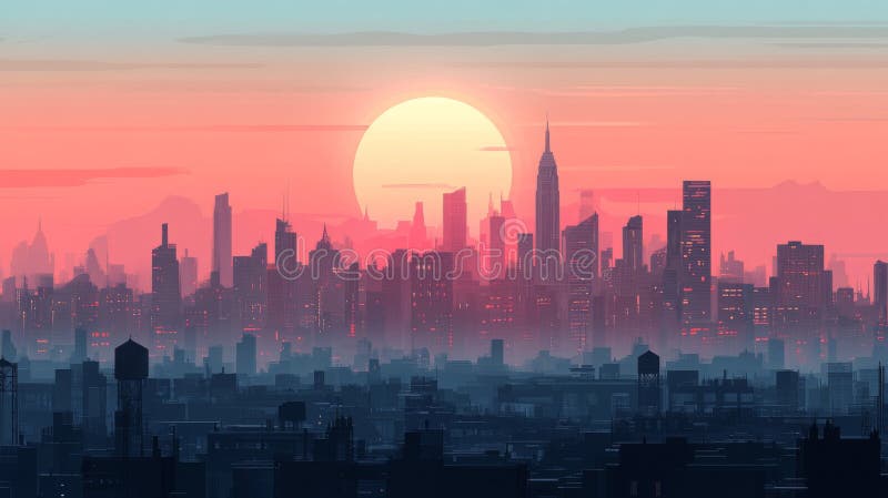 Pixel Art City Sunset Skyline Stock Illustration - Illustration of ...